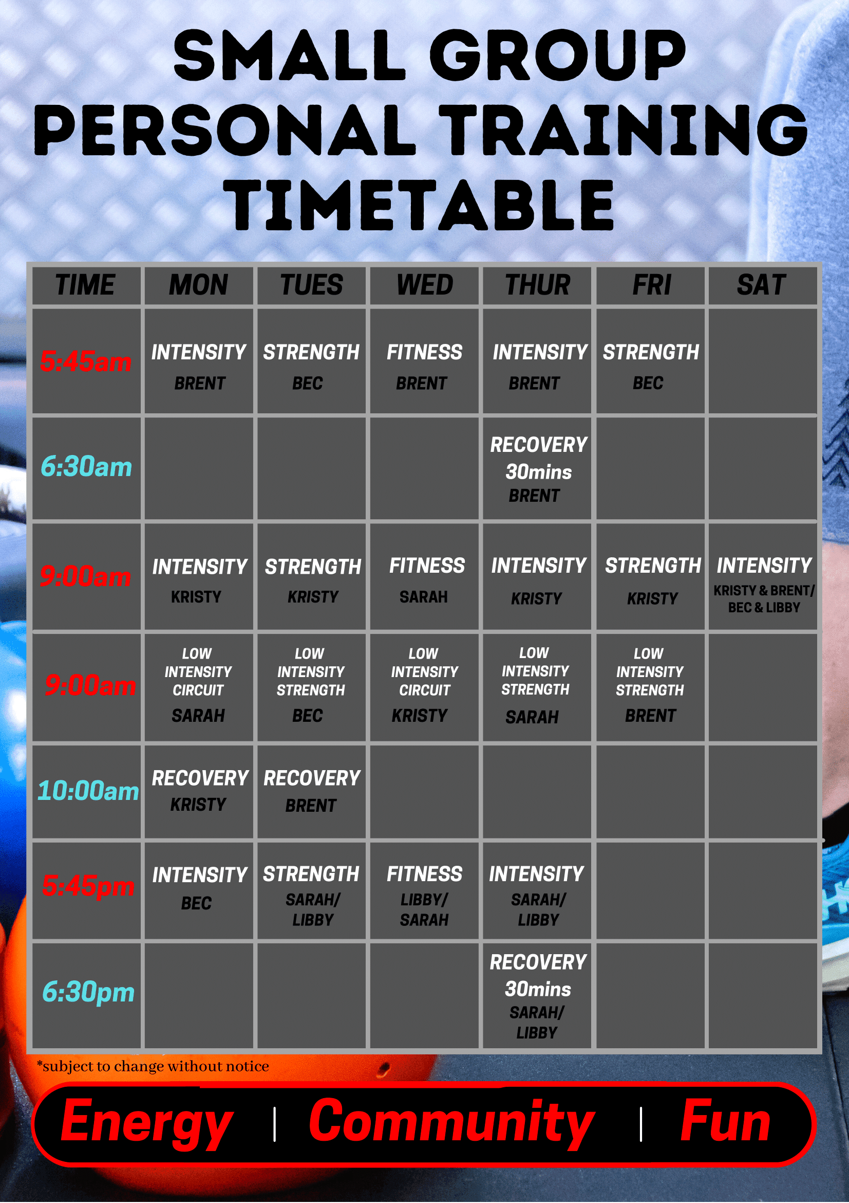 Small Group Training Timetable - Willows Gym
