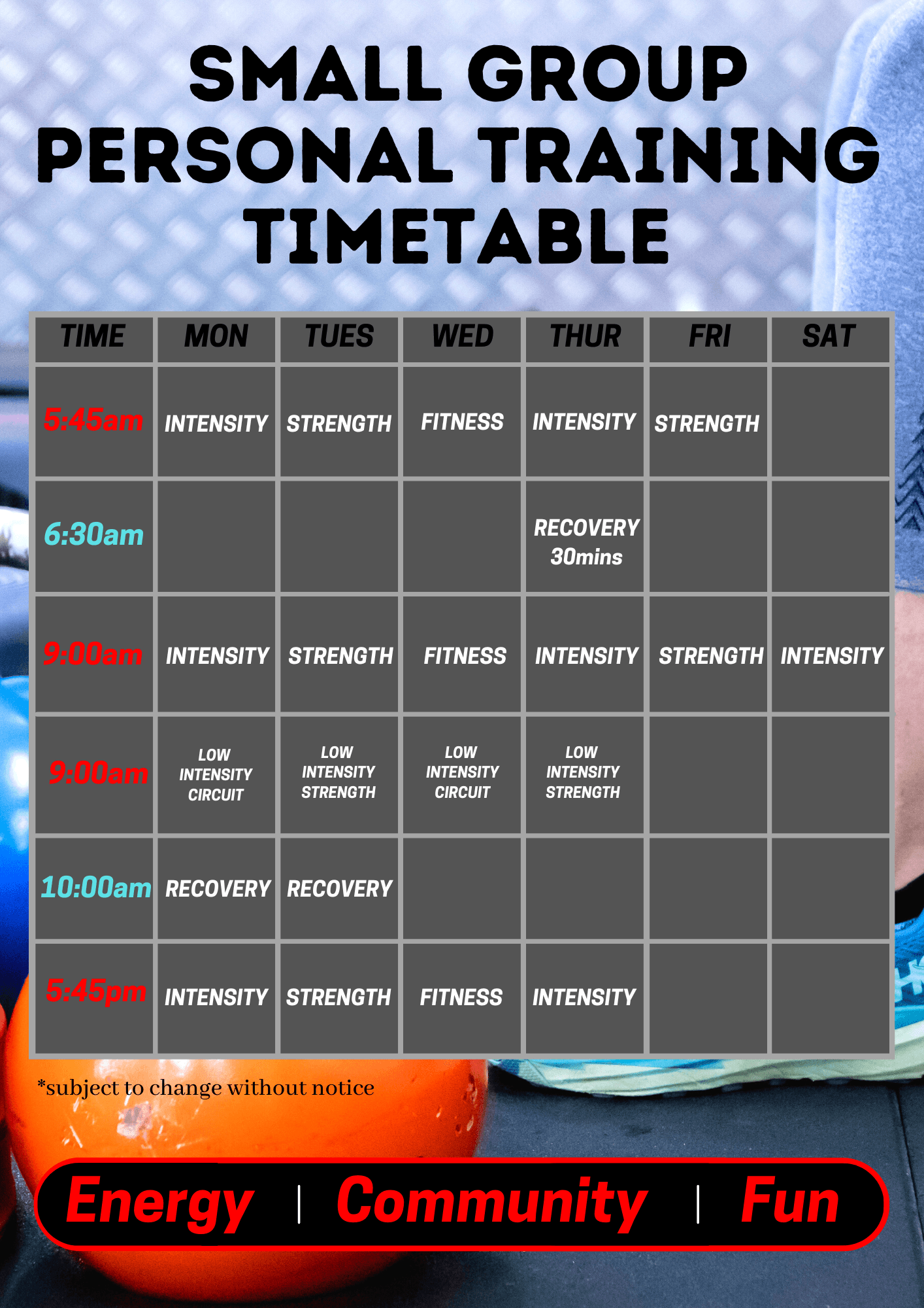 Small Group Training Timetable - Willows Gym